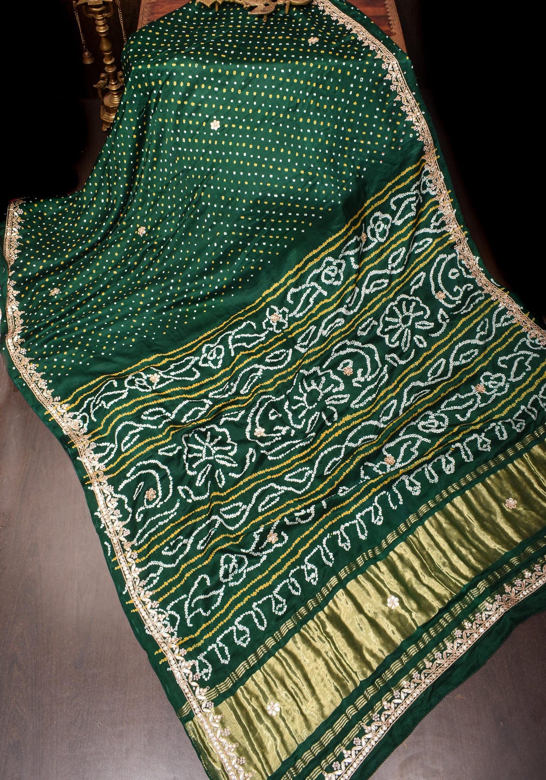 Hand Bandhej Bandhni on Bottle Green Modal Silk Saree With Crushed ...
