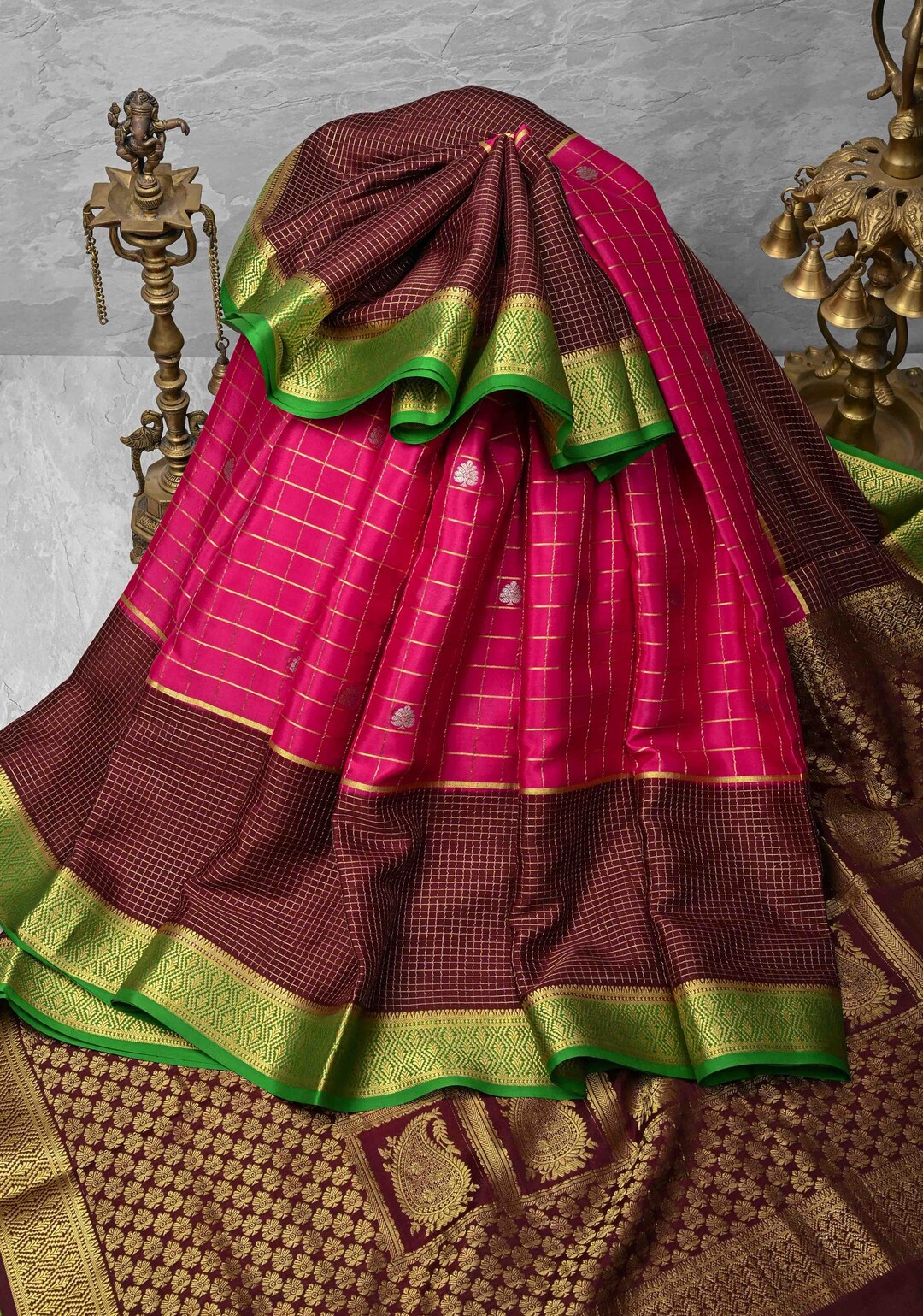 Pink Zari Checks on Pure Mysore Silk Saree Floral Zari Motifs and Podi ...