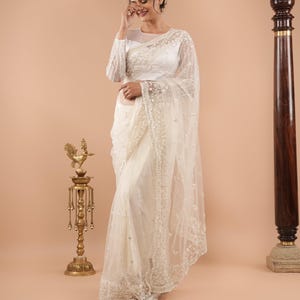 Ivory Net Saree With Sequin Embellishments - Etsy