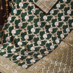 Exquisite Floral Alfi Jaal Brocade Banarasi Katan Silk Saree in Bottle ...