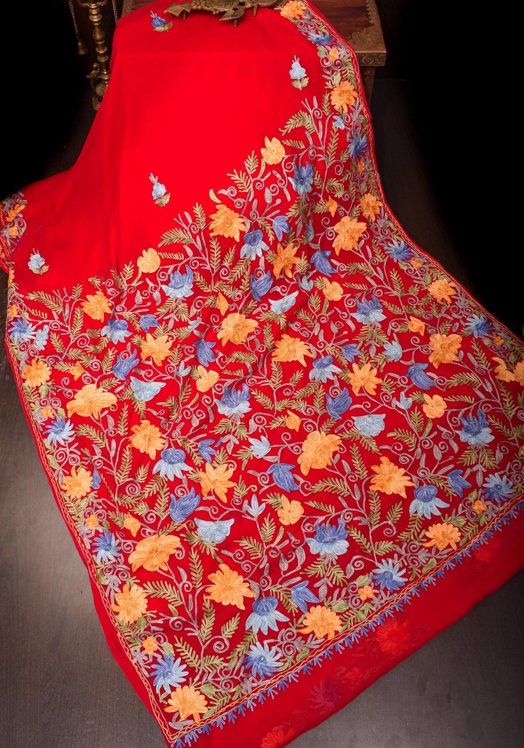 Red Kashmiri Aari Embroidered Floral Georgette Saree - Etsy