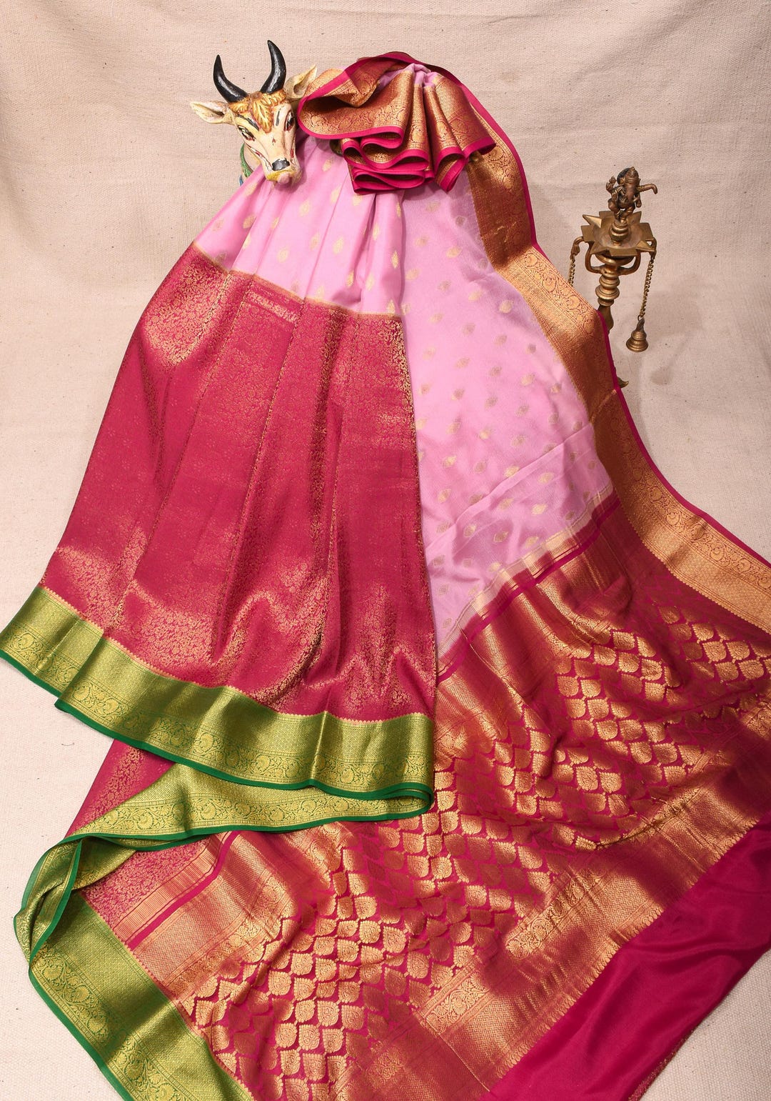 Pure Mysore Silk Saree With Half Brocade Zari Border in Thistle, Rani ...