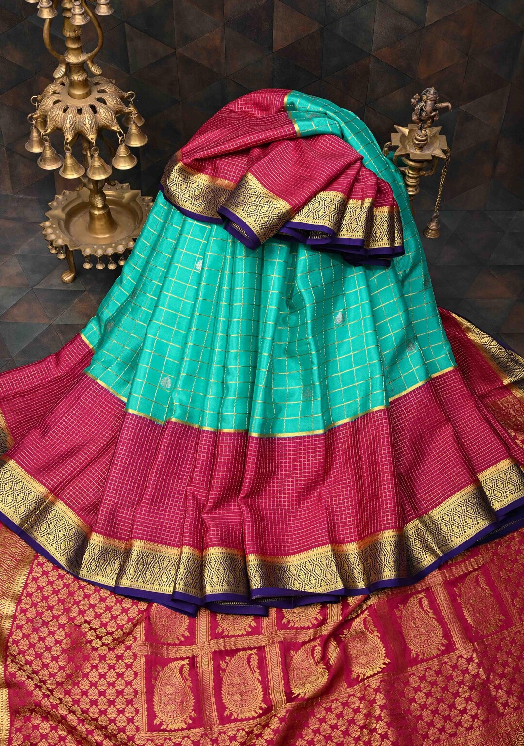 Sea Green Mysore Silk Saree With Checks and Checked Panel Zari Border ...