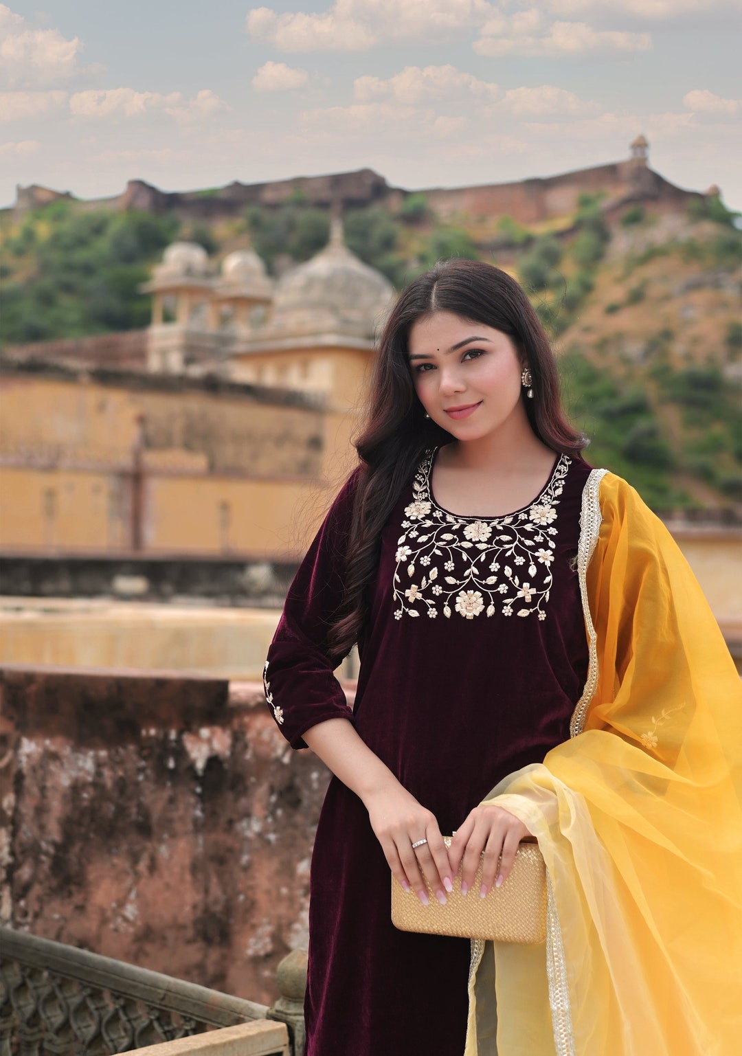 Paaro Burgundy Velvet 3 Piece Kuta Set With Zardosi Handwork on Yoke and Sleeves - Etsy