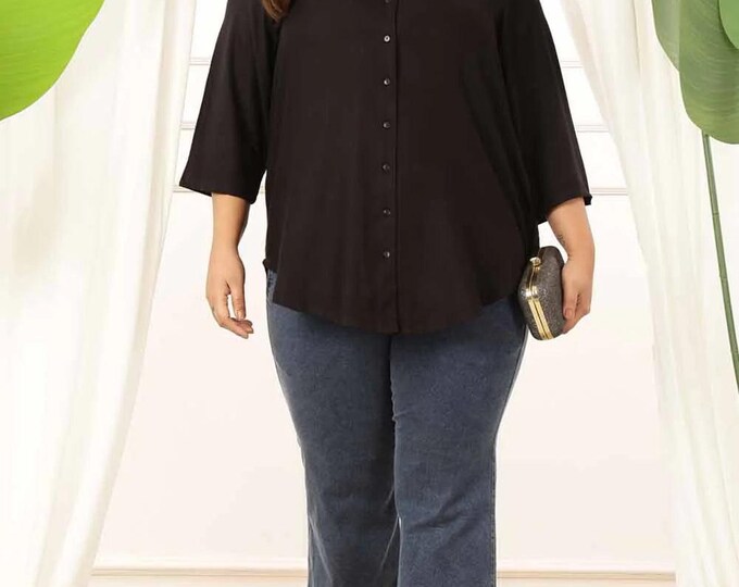 Plus Size Black Cuban Collar Rayon Twill Shirt | Made to Order - Etsy