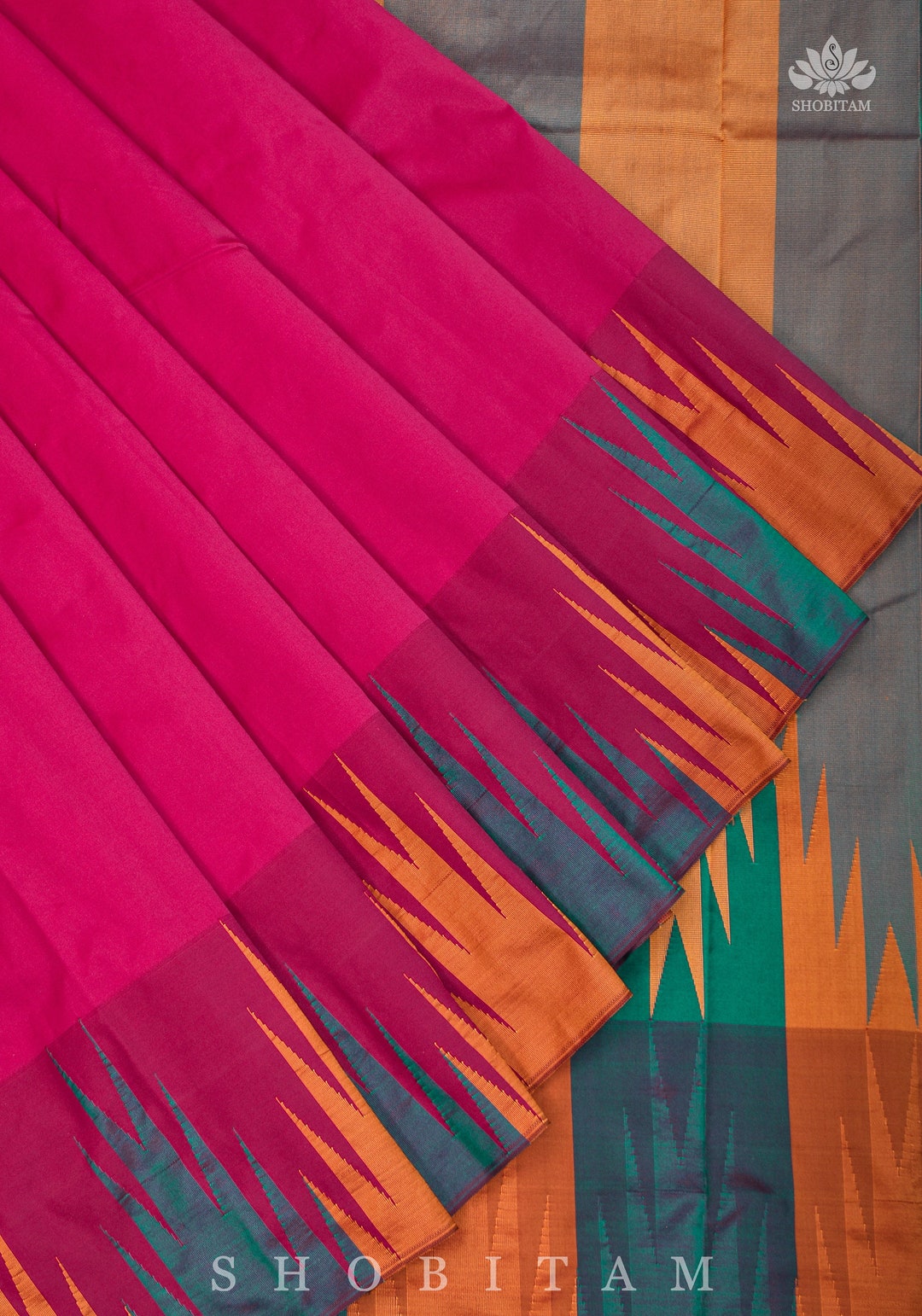 Two Color Temple Border on Pink Art Silk Saree - Etsy