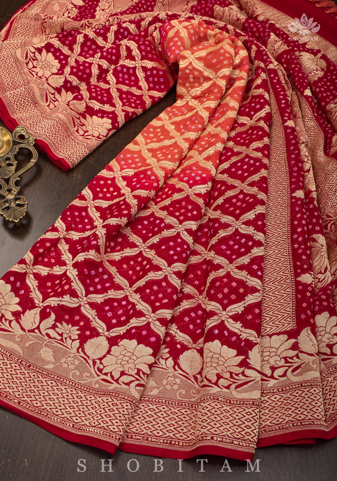 Authentic Hand Bandhej Banarasi Silk Georgette Saree in Cantaloupe ...