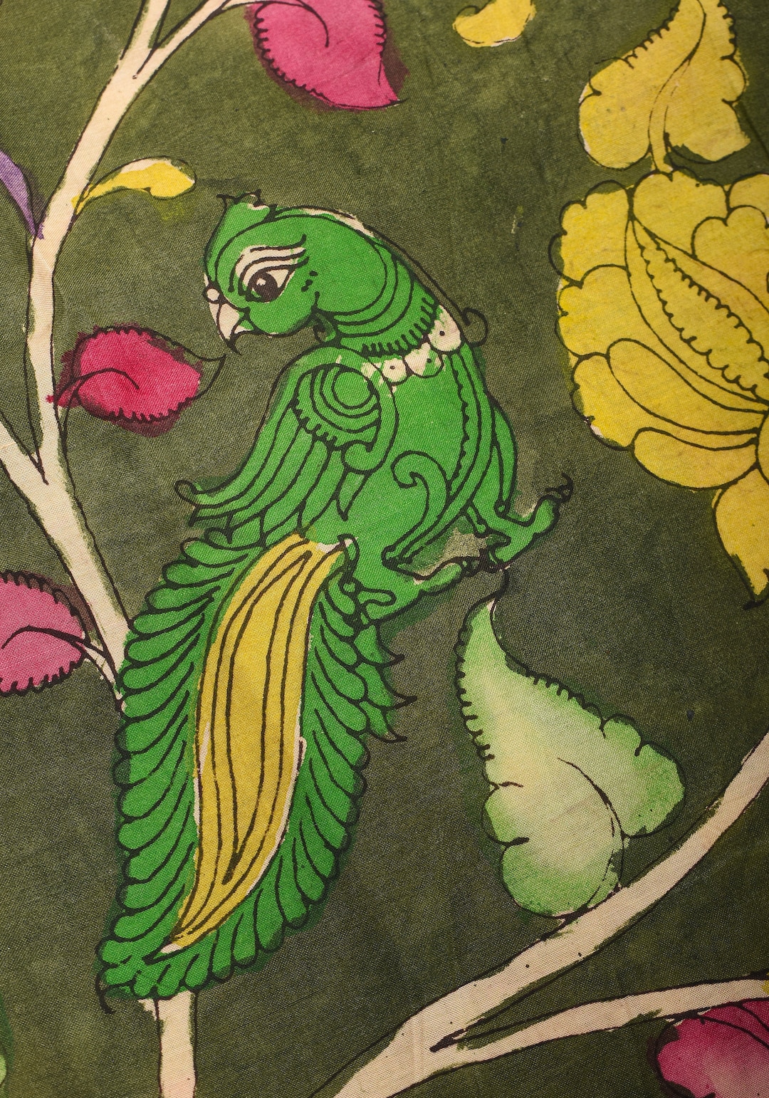 Olive Green Authentic Pen Kalamkari on Pure Assam Silk With Floral Body ...