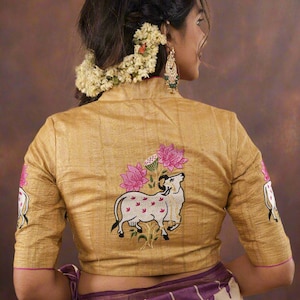 Pure Natural Tussar Blouse With Pichwai Cow Embroidery on Back and ...