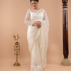 Ivory Net Saree With Sequin Embellishments - Etsy