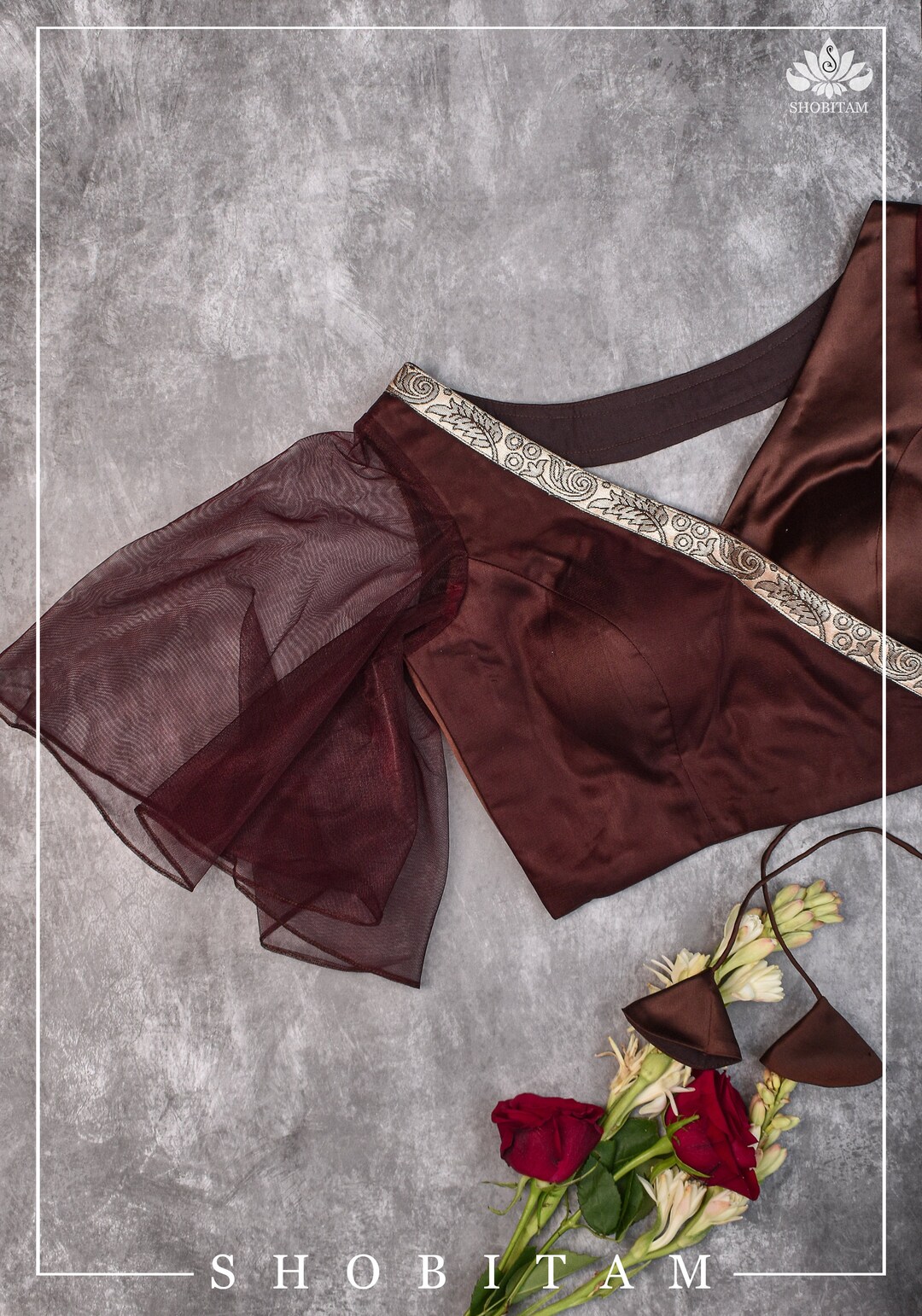 Brown Satin Cross Over Blouse With Net Flutter Sleeves & - Etsy