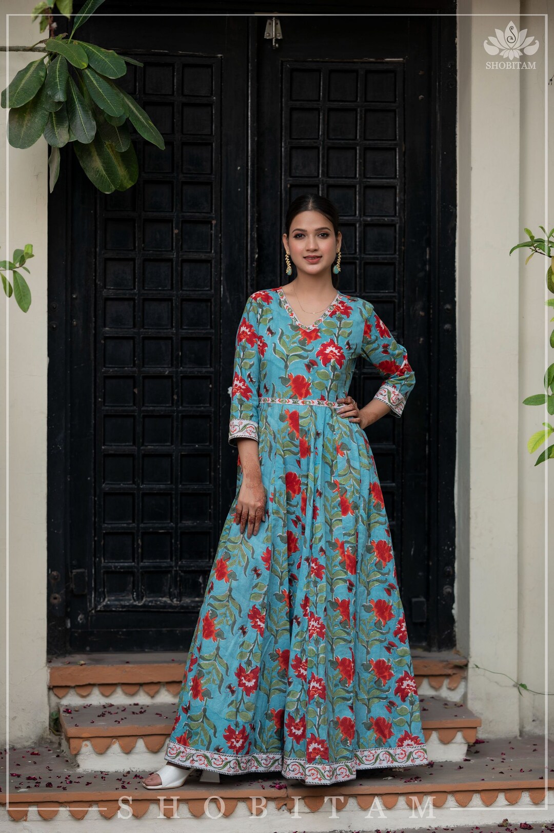 6 Meter Flare Long Dress in Blue and Coral | Shobitam Made to Order - Etsy