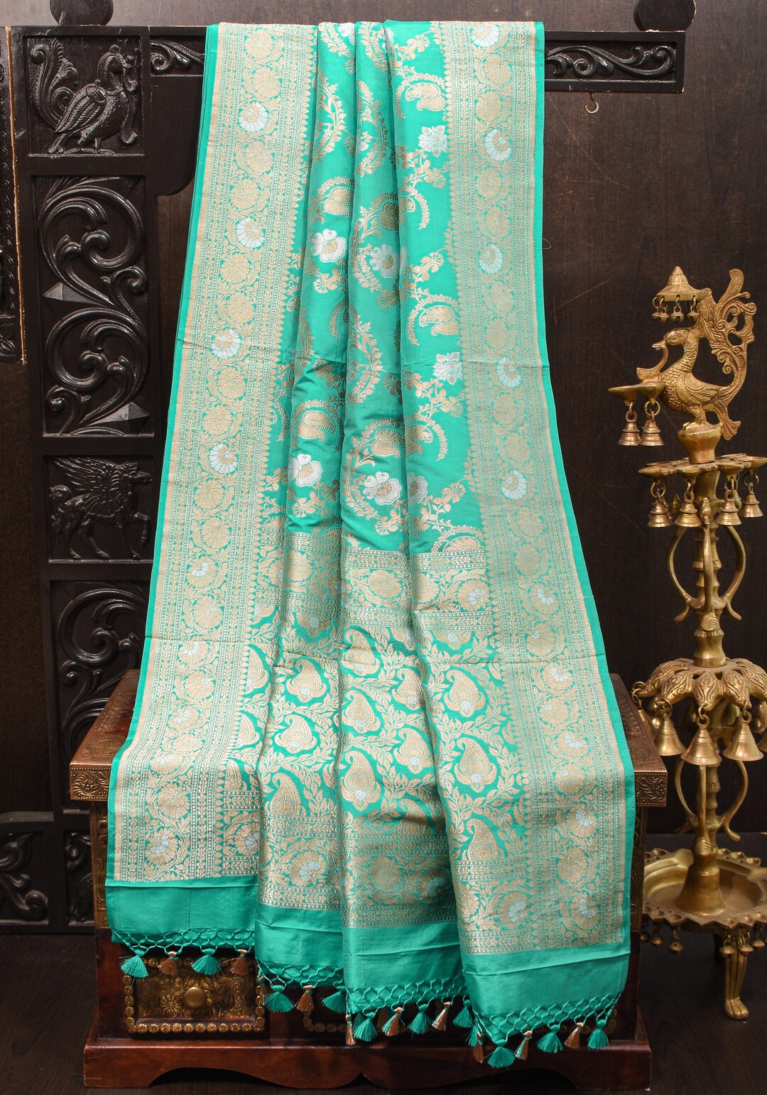 Cyan Alfi Pure Katan Silk Banarasi Saree With Floral Jaal Weave | SILK ...