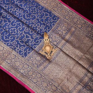 Authentic Banarasi Trellis Pattern Pure Dupion Silk Saree in Midnight ...