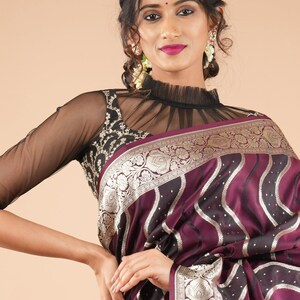 Black Embroidered Blouse With Net Gathered Yoke and Scalloped Front ...