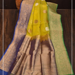 Banarasi Silk Organza Saree in Yellow With Ganga Jamuna Borders | SILK ...