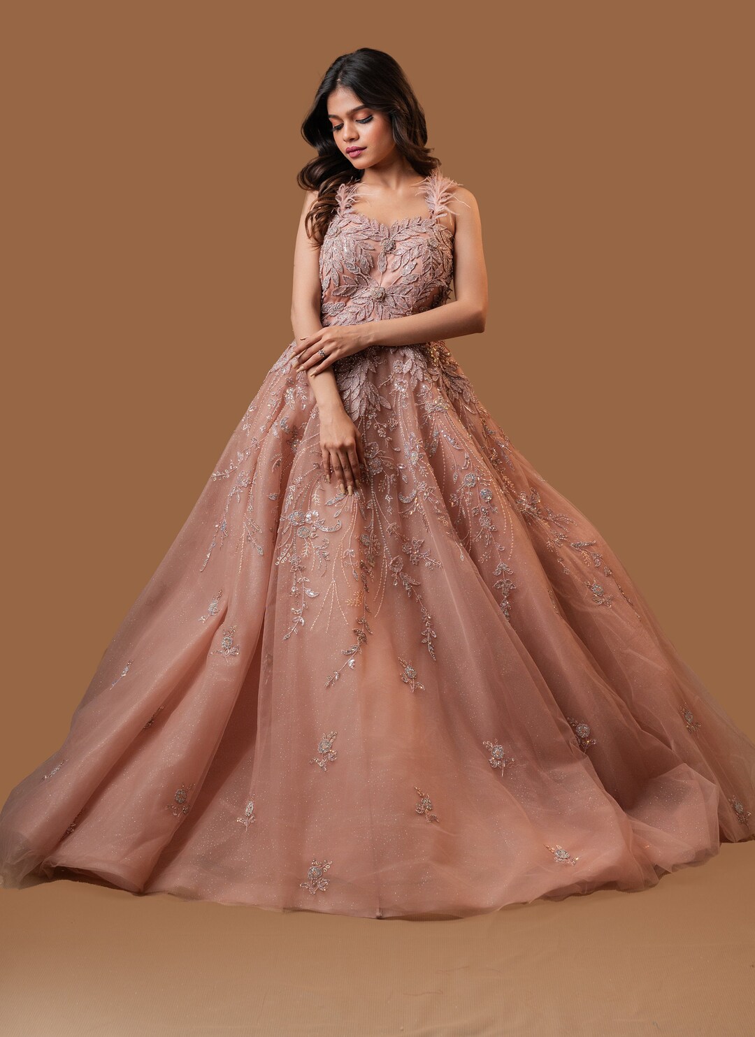 Dusty Rose Gown With Embroidery With Cutdana on Mesh Net, Customizable ...