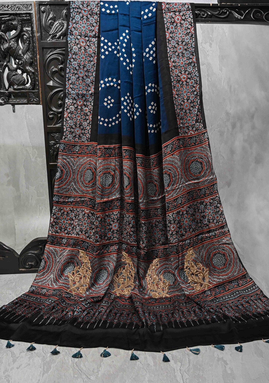 Dark Sapphire Modal Silk Ajrakh Fusion Saree With Sarkam Bandhej and ...