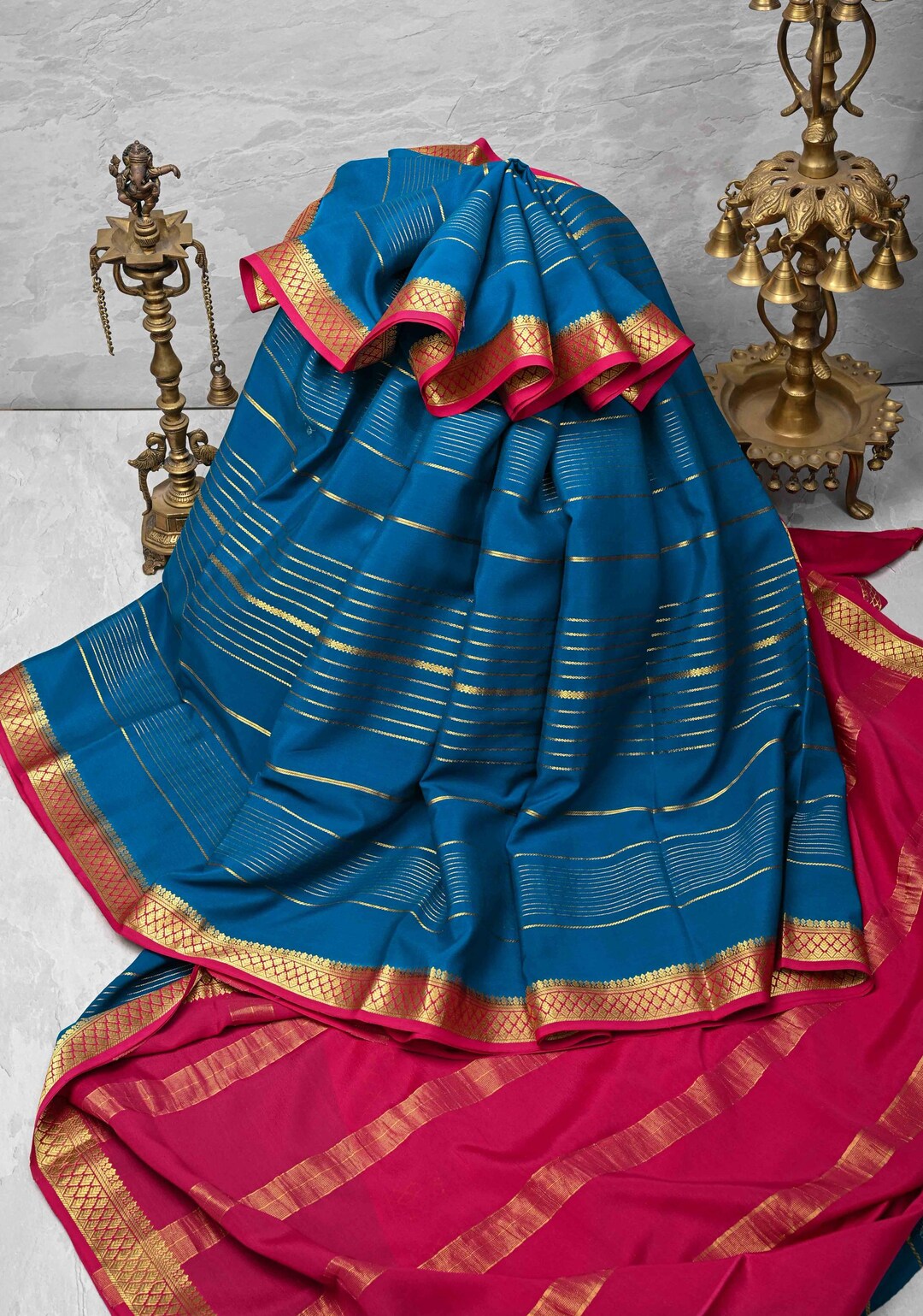 Prussian Blue Mysore Silk Saree With Horizontal Zari Stripes and Zari ...