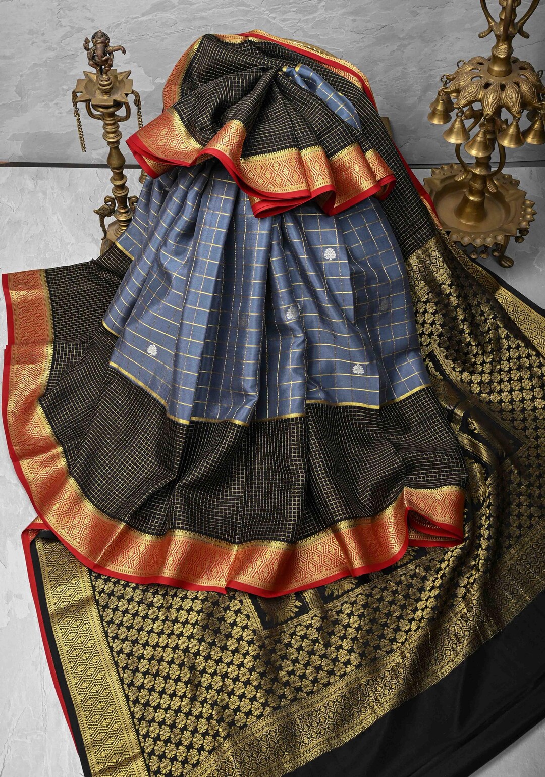 Blue-gray Zari Checks on Pure Mysore Silk Saree Floral Zari Motifs and ...