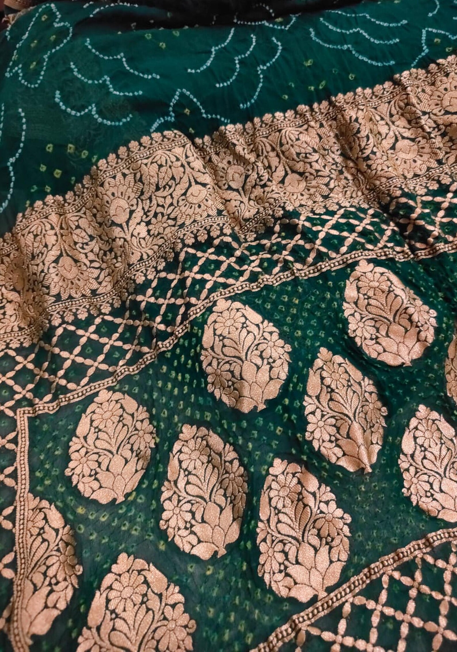 Emerald Green Sarkam Bandhej on Pure Banarasi Silk Georgette, SILK MARK ...