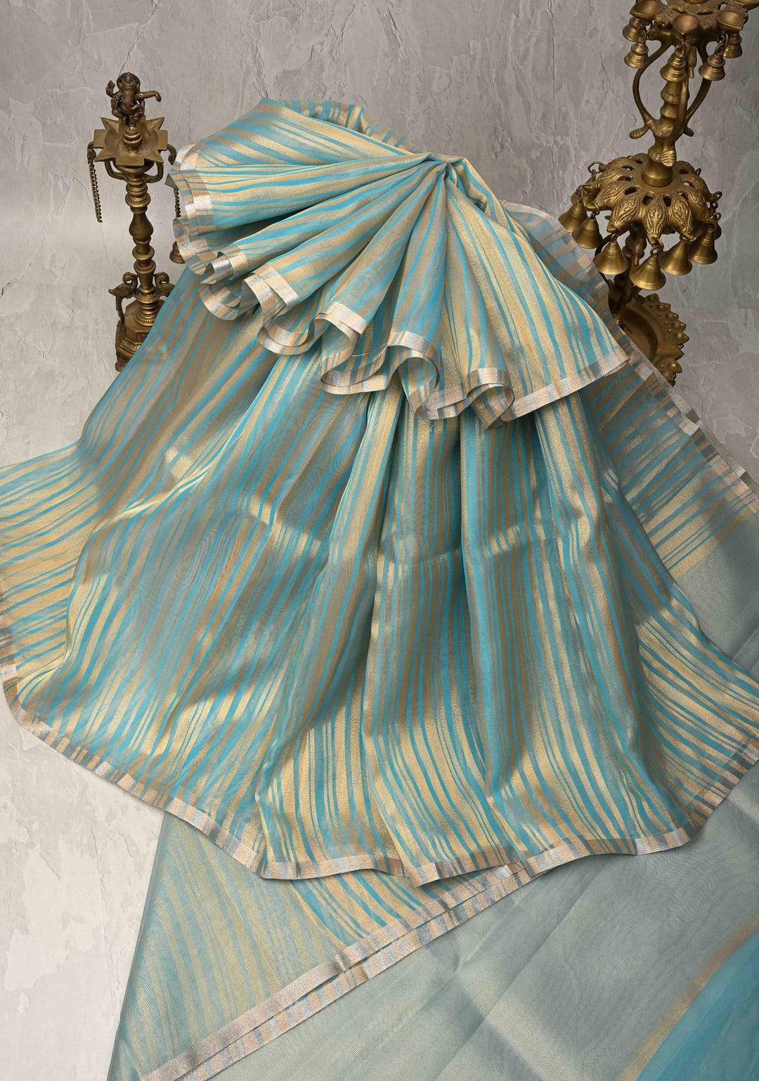 Cyan Semi Kora Saree With Tissue Stripes and Minimal Zari Border - Etsy