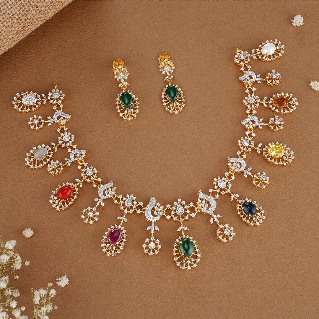 92.5 Silver Swathika Avikam Navaratna and CZ Stone Necklace With ...