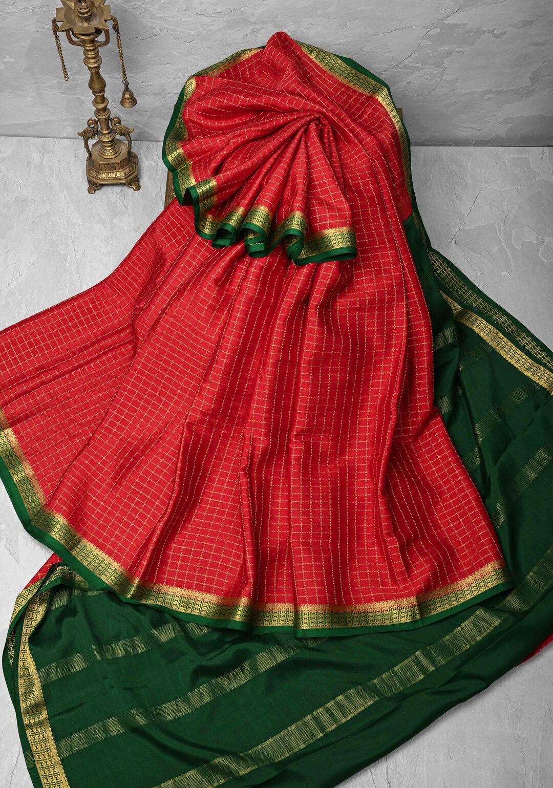Red Checks Zari Mysore Silk Saree With Zari Border in Ksic Grade ...