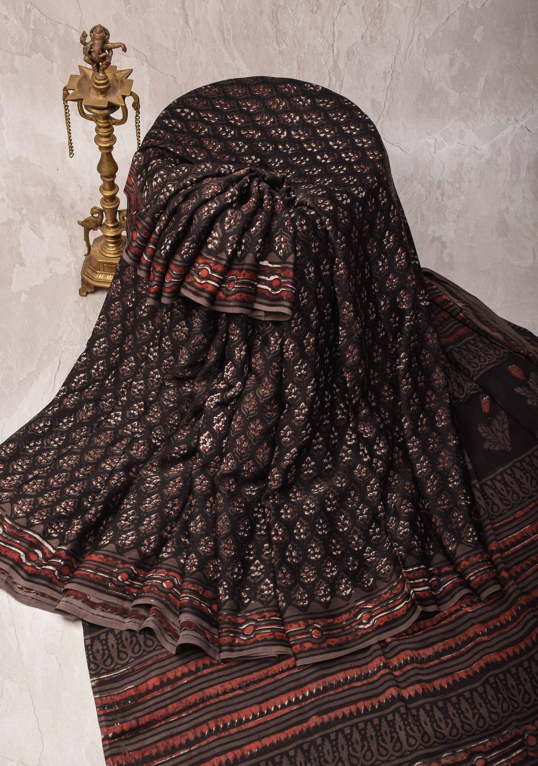 Black Vanaspati Hand Block Print on Modal Silk Saree - Etsy