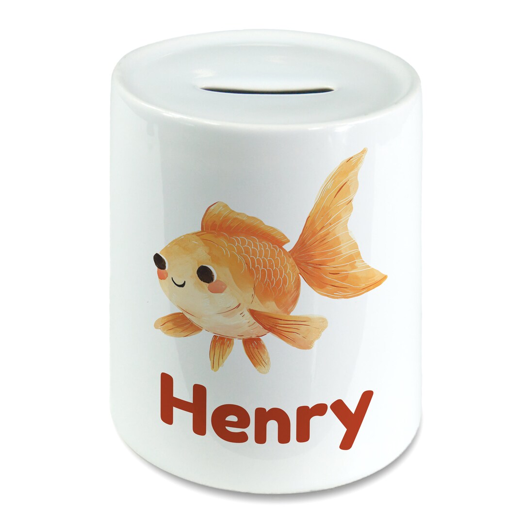 Personalised Watercolour Cute Gold Fish Kids Money Box Piggy Bank ...
