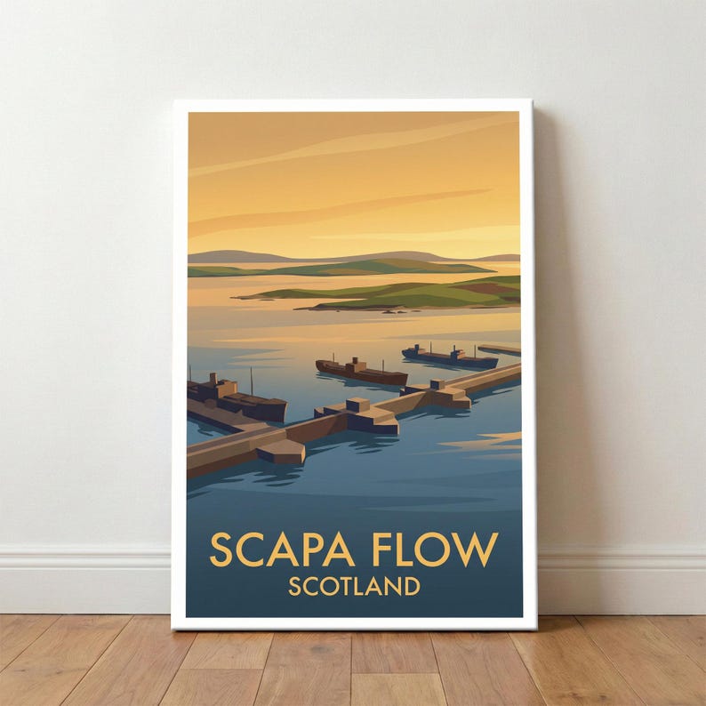 Scapa Flow, Scotland - Vintage-style Travel Poster of Historic Harbour ...