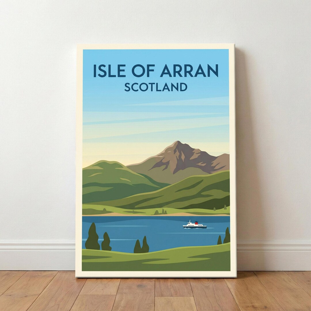 Isle of Arran, Scotland - Romantic Travel Poster of Goatfell, Coastal ...