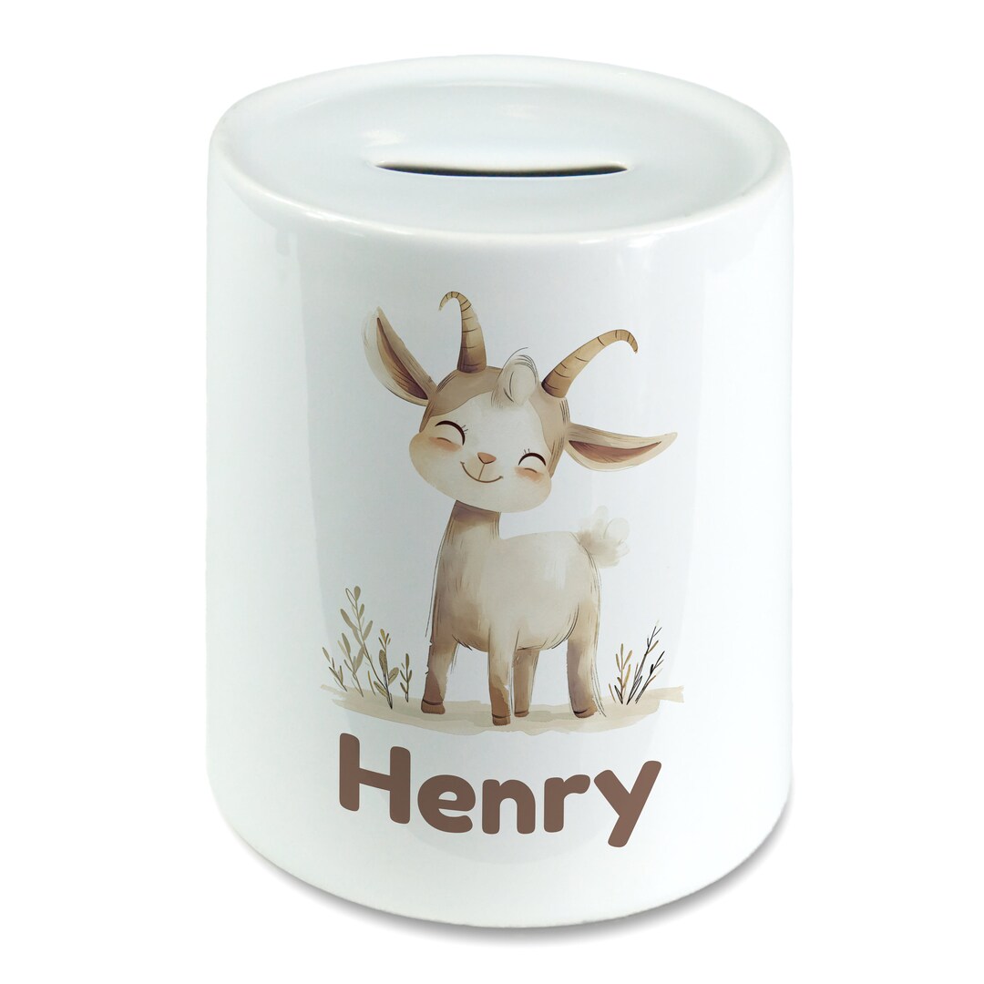 Personalised Watercolour Cute Billy Goat Kids Money Box Piggy Bank ...