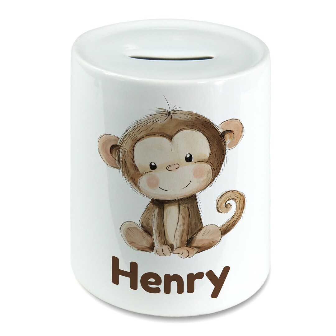 Personalised Watercolour Cute Cheeky Monkey Kids Money Box Piggy Bank ...
