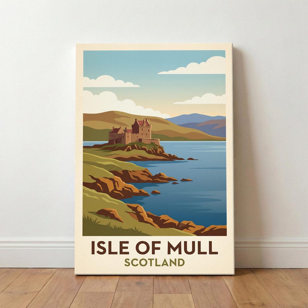 Isle of Mull, Scotland - Vintage-style Travel Poster of Castles, Cliffs ...