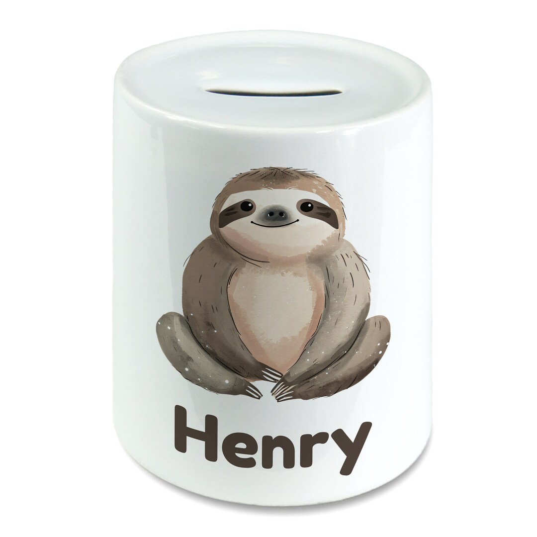 Personalised Watercolour Cute Sloth Kids Money Box Piggy Bank, Savings ...