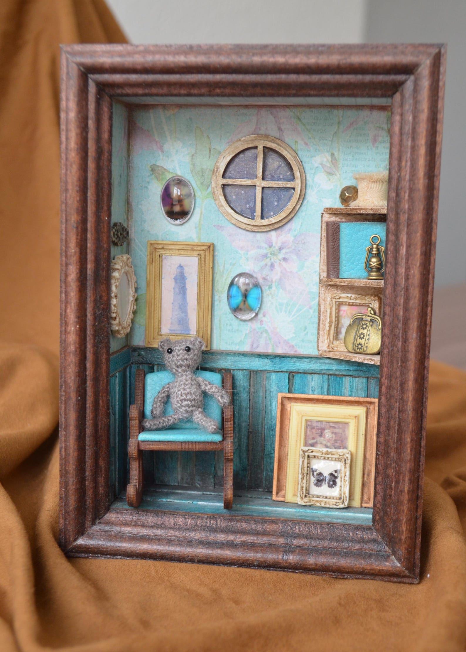 Miniature Diorama Wooden Frame, Rustic Room With Teal Paneling & Mini ...