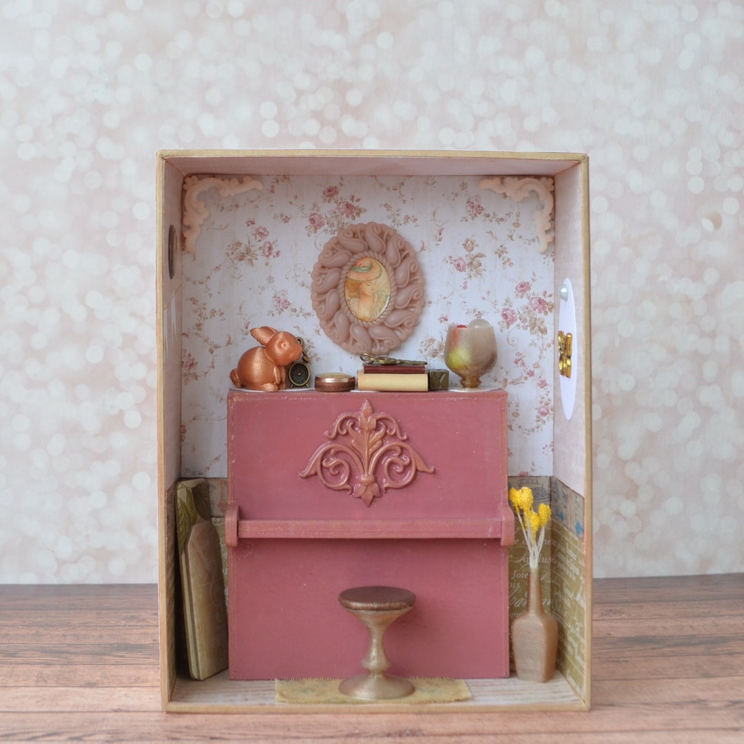 Small Art Framed Diorama 1:12 With Piano, Miniature Decorative Diorama ...