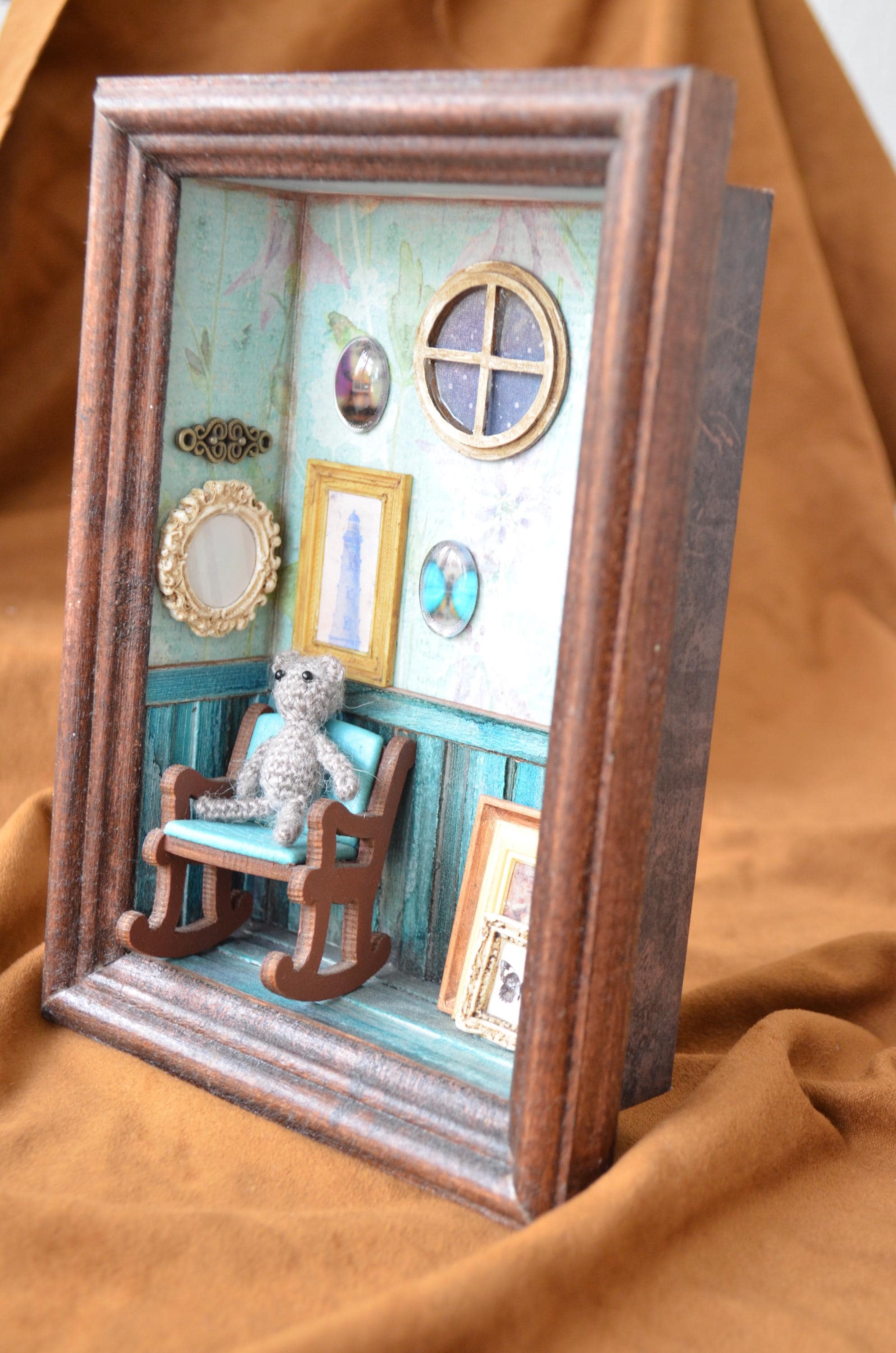 Miniature Diorama Wooden Frame, Rustic Room With Teal Paneling & Mini ...