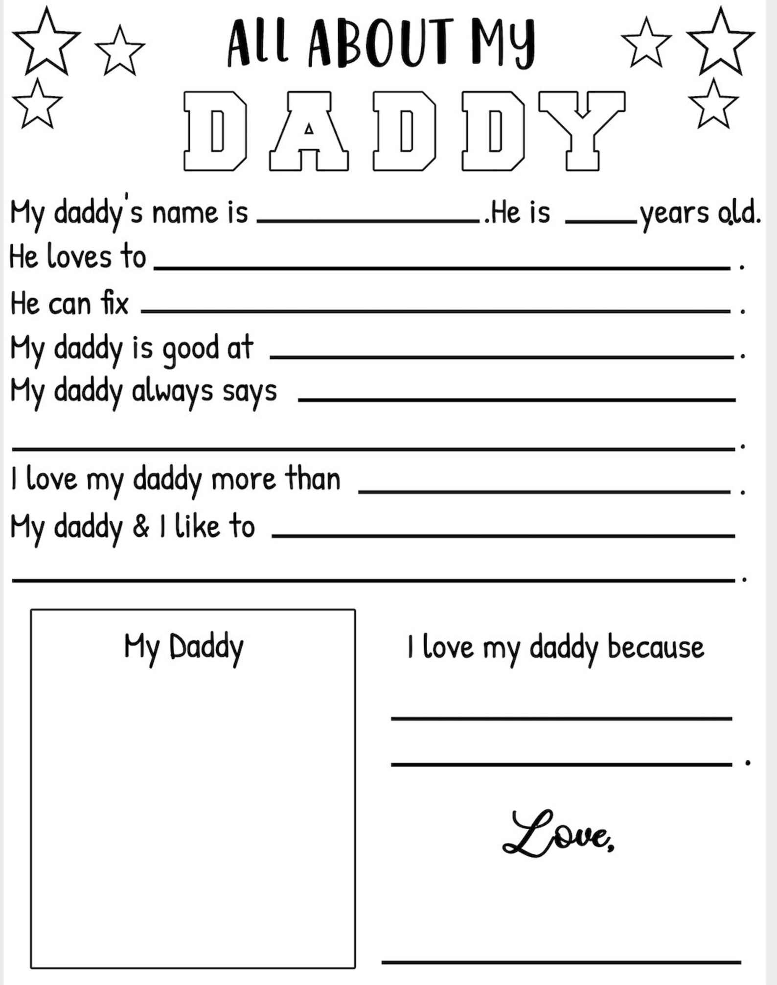 INSTANT DOWNLOAD- Father's Day Coloring Printable, All About My Dad ...