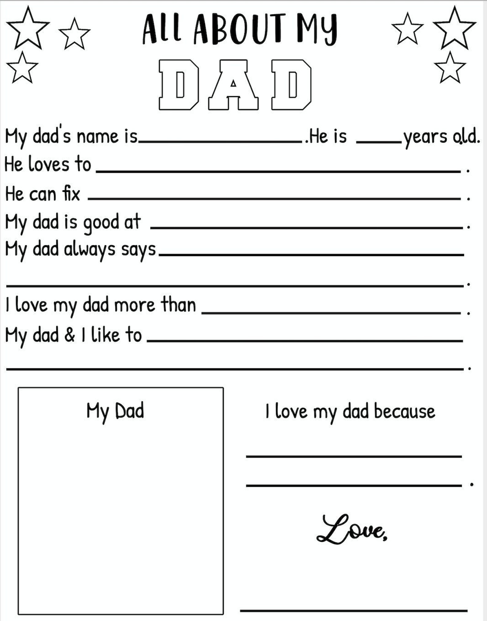 INSTANT DOWNLOAD- Father's Day Coloring Printable, All About My Dad ...