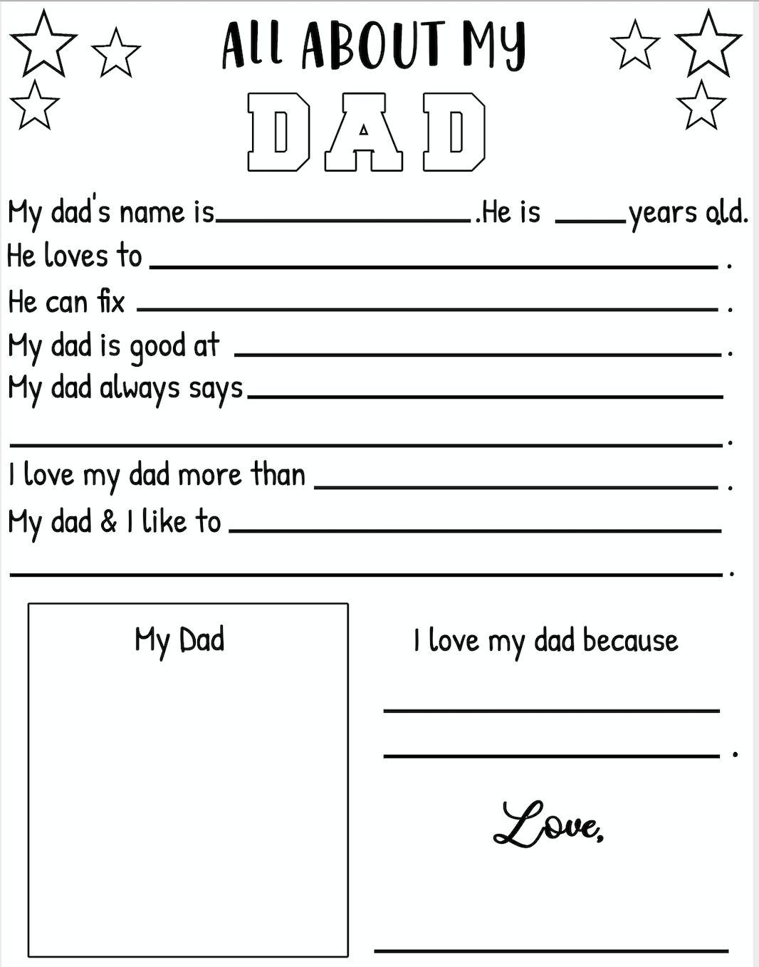 INSTANT DOWNLOAD- Father's Day Coloring Printable, All About My Dad ...