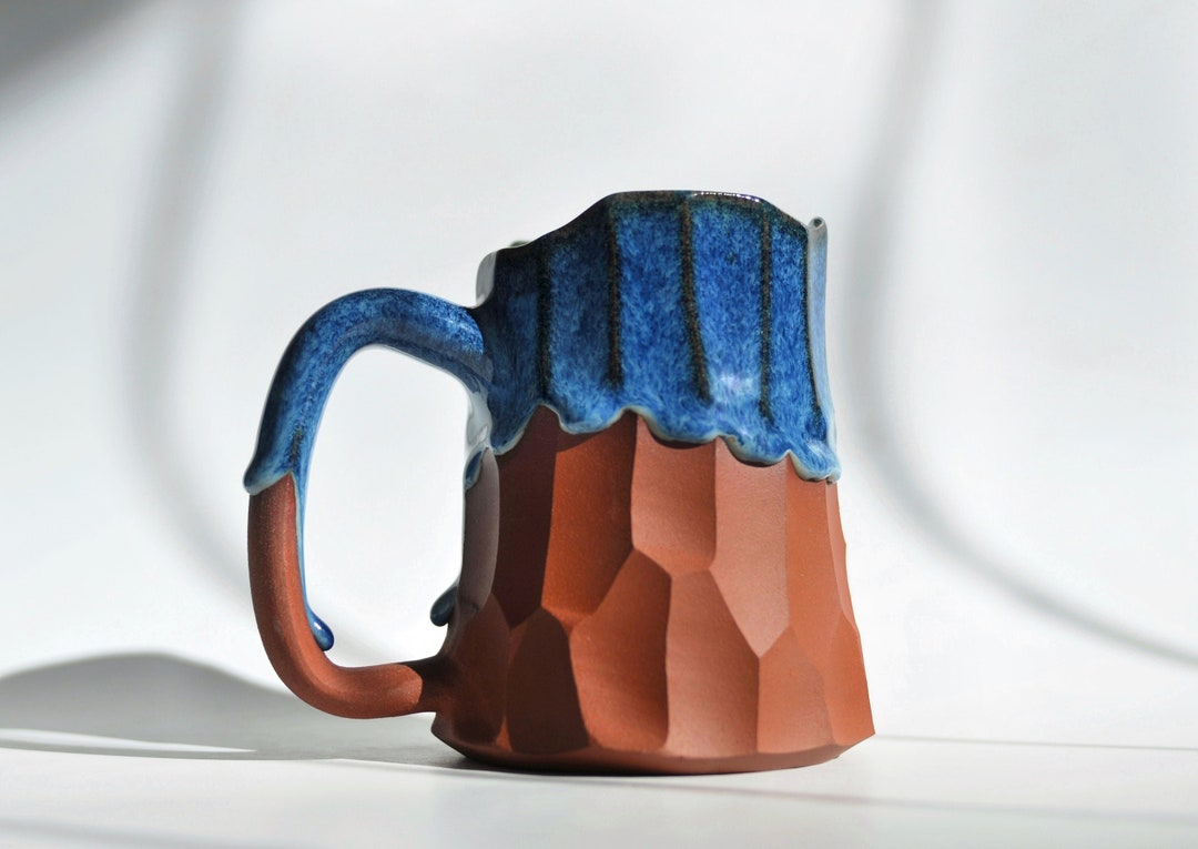 14 Oz / 22 Oz Handmade Ceramic Mug, Red Stoneware Mug With Blue Drips ...