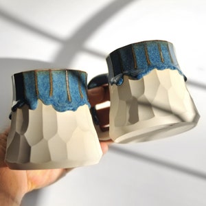 10 Oz Stoneware Coffee Mugs With Blue Drips, Handmade Ceramic Mug Set ...