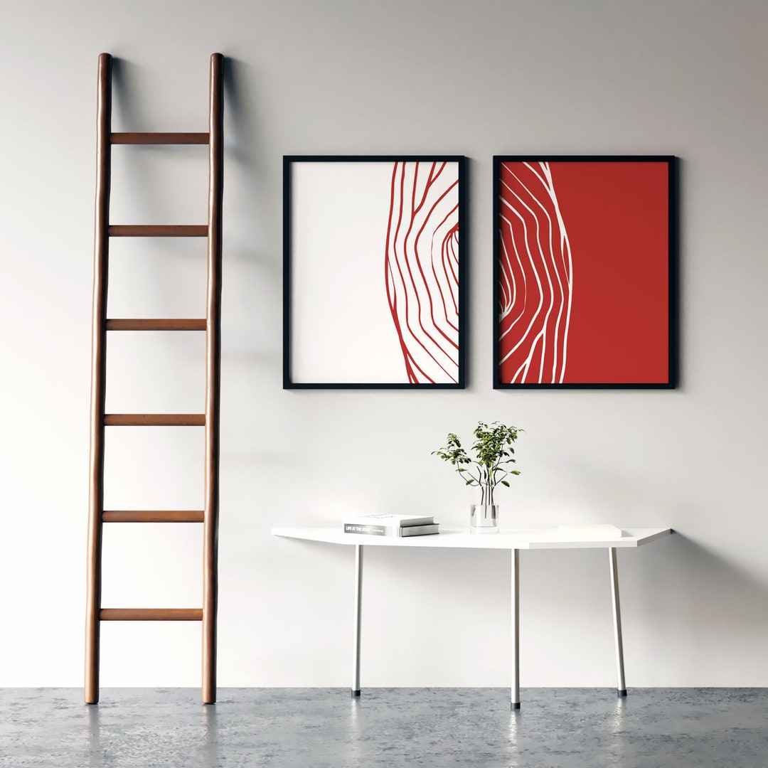 Red White Abstract Print Set, Minimalist Line Art Print X 2, Printable ...