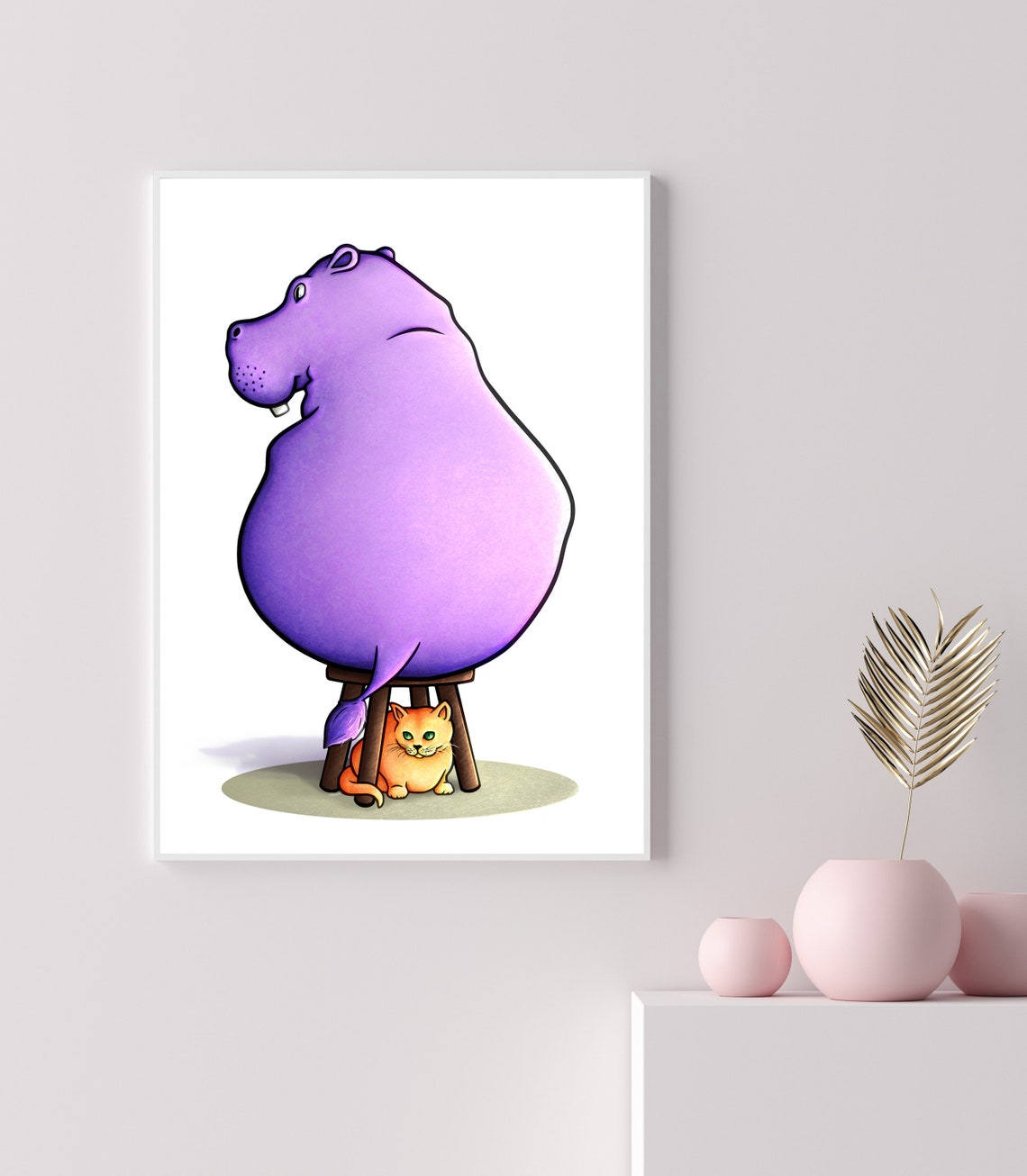 Hippo and Kitty Cat Print Download 8x10'' - 14x18'' Printable Cute ...