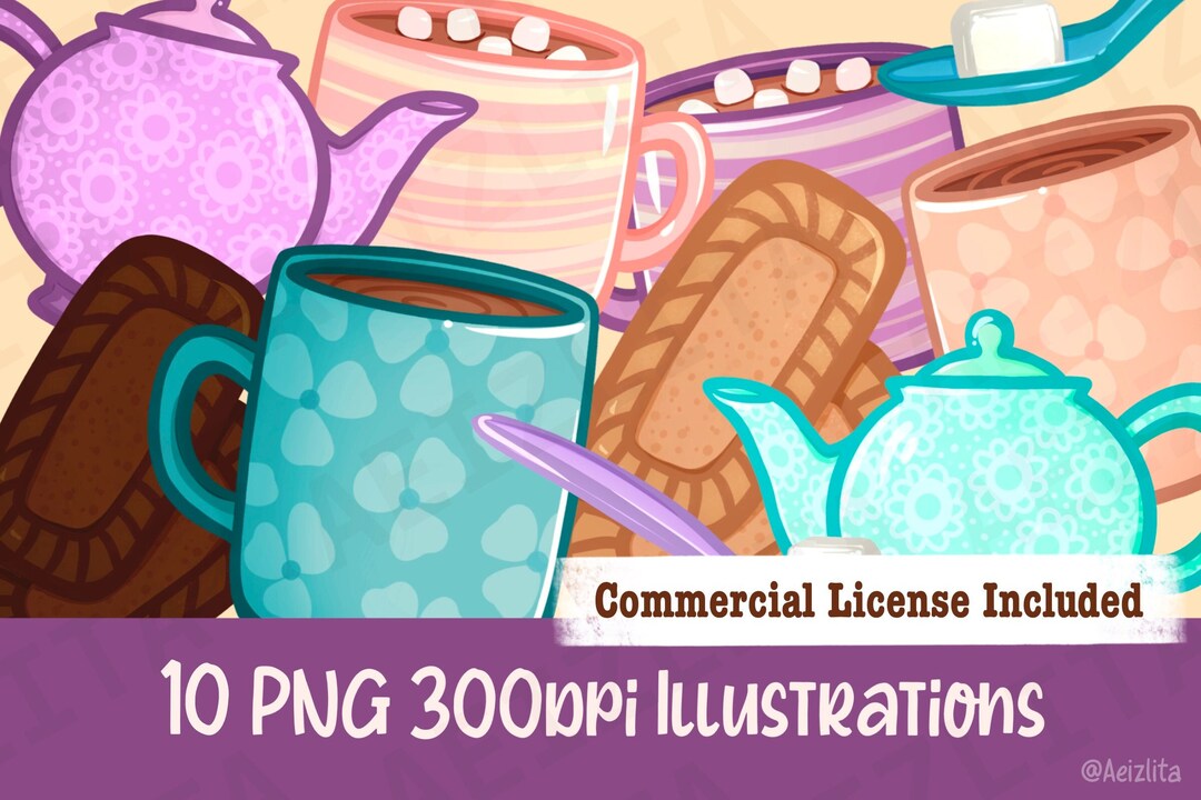 10 Tea Time Clip Art Illustrations PNG Images COMMERCIAL LICENSE Kawaii ...