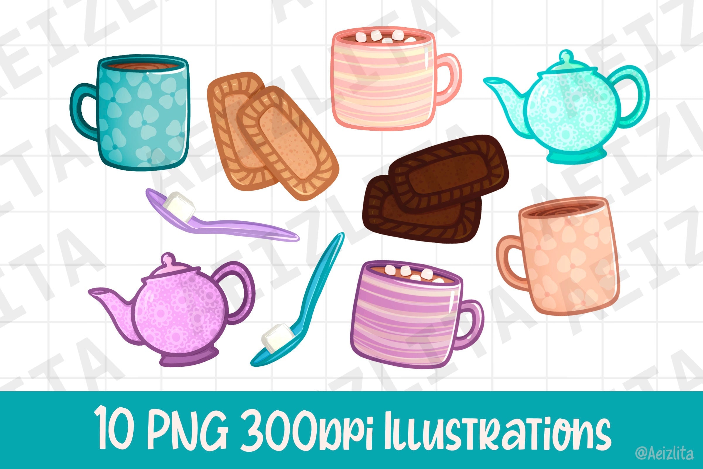 10 Tea Time Clip Art Illustrations - PNG Images - Printables/stickers ...