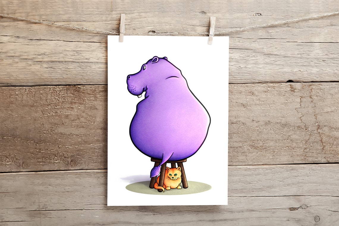 Hippo and Kitty Cat Print Download 8x10'' - 14x18'' Printable Cute ...