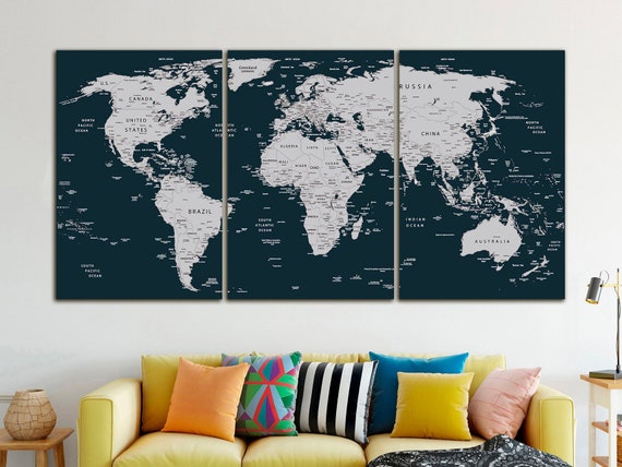 World map canvas Gray world map decor World map push pin | Etsy